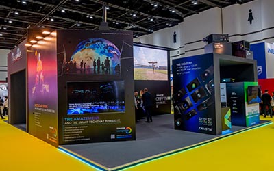 Griffyn 4K50-RGB projectors suspended above the action in our booth.